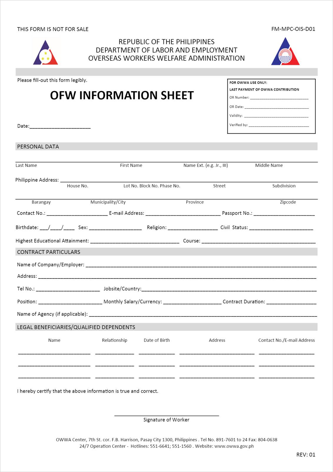 Download OFW Information Sheet OWWA Membership Form Online DMW Guide